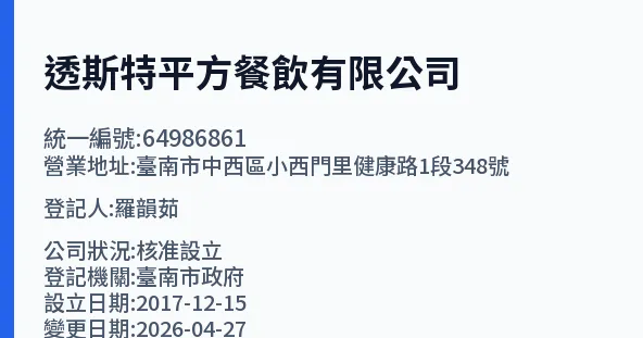透斯特平方餐飲有限公司的照片-統編 64986861(臺南市) 公司登記資料與營業項目詳細圖表