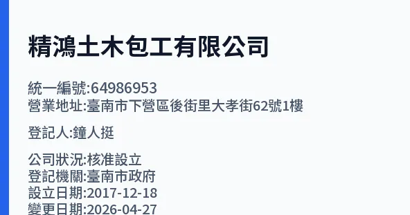 精鴻土木包工有限公司的照片-統編 64986953(臺南市) 公司登記資料與營業項目詳細圖表