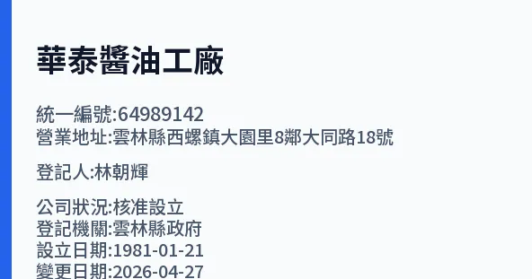 華泰醬油工廠的照片-統編 64989142(雲林縣) 公司登記資料與營業項目詳細圖表