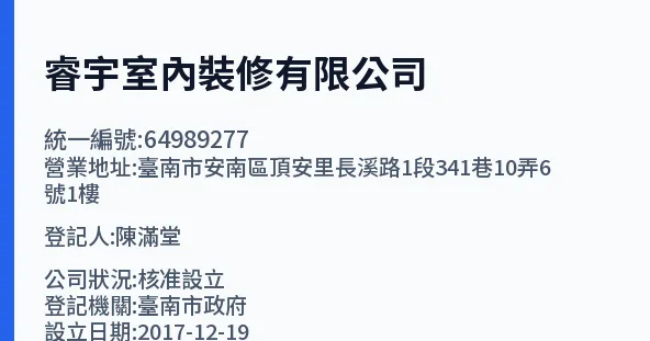 睿宇室內裝修有限公司的照片-統編 64989277(臺南市) 公司登記資料與營業項目詳細圖表