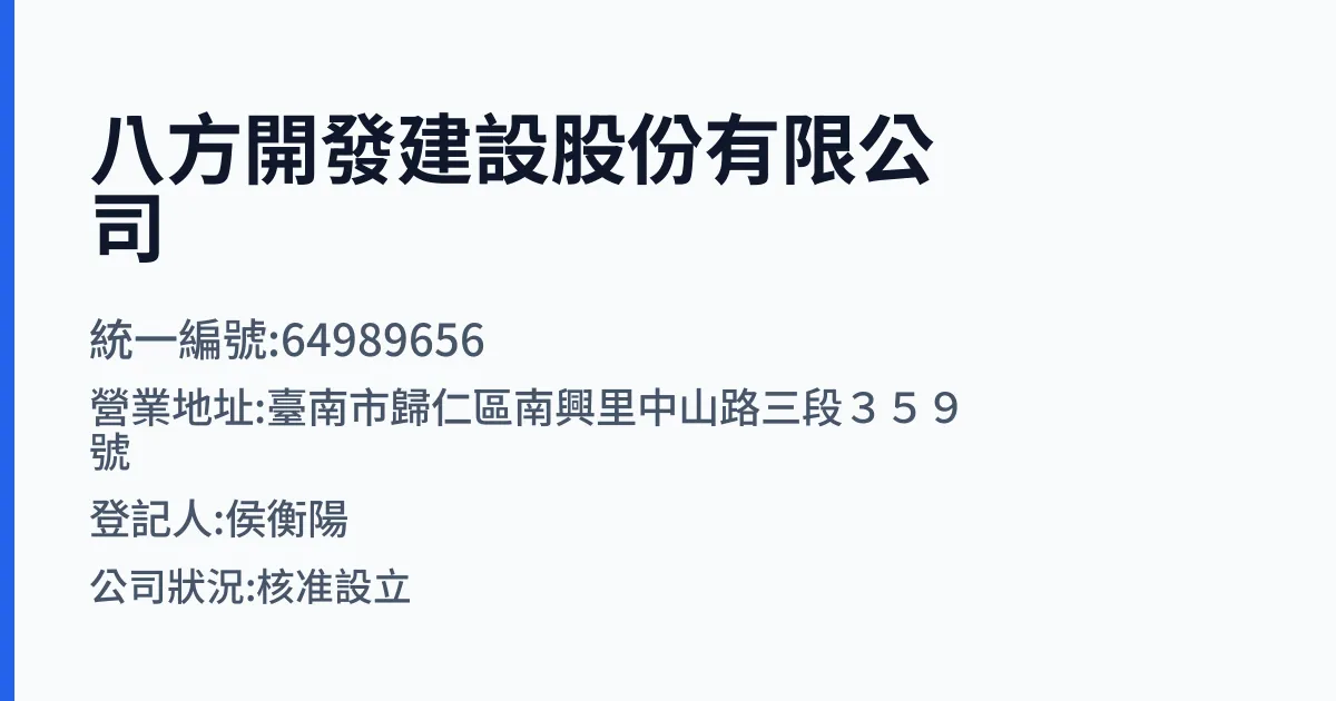 八方開發建設股份有限公司 - 統編 64989656(臺南市) 公司登記資料與營業項目詳細圖表