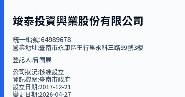 竣泰投資興業股份有限公司的照片-統編 64989678(臺南市) 公司登記資料與營業項目詳細圖表