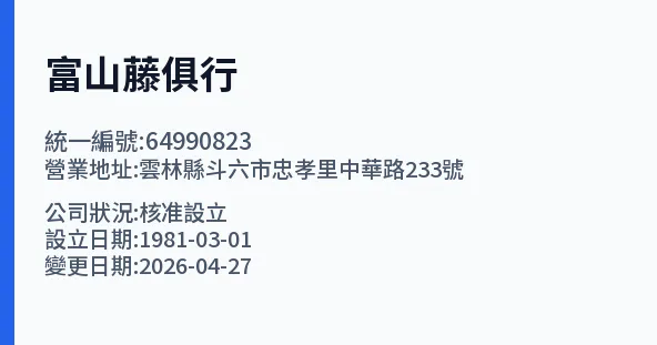 富山藤俱行的照片-統編 64990823(雲林縣) 公司登記資料與營業項目詳細圖表