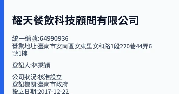 耀天餐飲科技顧問有限公司的照片-統編 64990936(臺南市) 公司登記資料與營業項目詳細圖表
