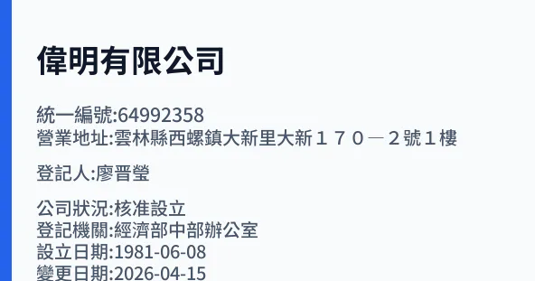 偉明有限公司的照片-統編 64992358(雲林縣) 公司登記資料與營業項目詳細圖表