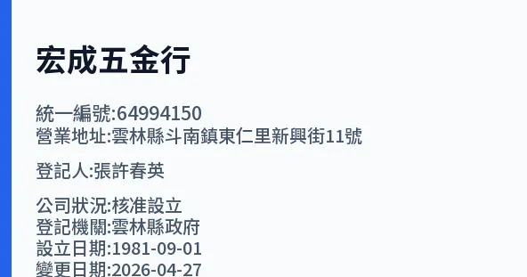 宏成五金行的照片-統編 64994150(雲林縣) 公司登記資料與營業項目詳細圖表