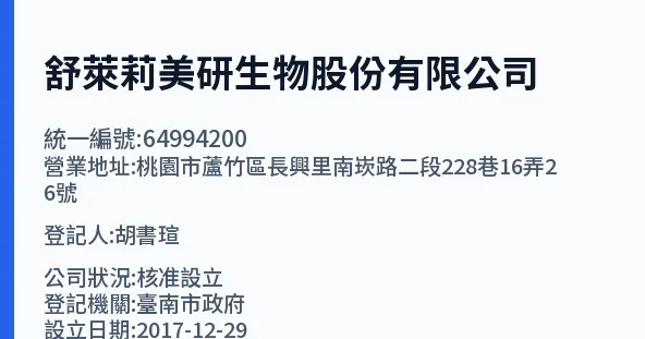 舒萊莉美研生物股份有限公司的照片-統編 64994200(桃園市) 公司登記資料與營業項目詳細圖表
