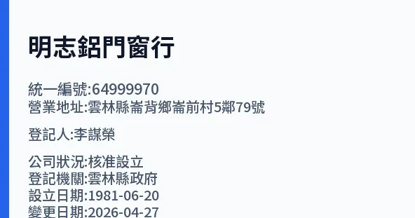明志鋁門窗行的照片-統編 64999970(雲林縣) 公司登記資料與營業項目詳細圖表
