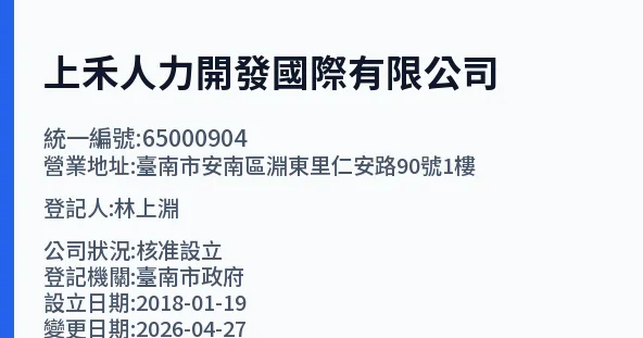 上禾人力開發國際有限公司的照片-統編 65000904(臺南市) 公司登記資料與營業項目詳細圖表