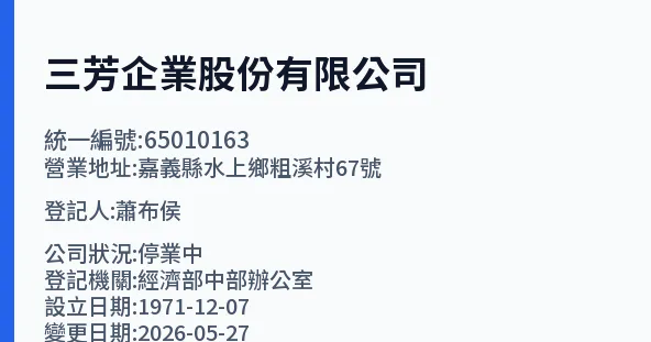 三芳企業股份有限公司的照片-統編 65010163(嘉義縣) 公司登記資料與營業項目詳細圖表