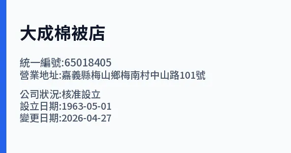 大成棉被店的照片-統編 65018405(嘉義縣) 公司登記資料與營業項目詳細圖表