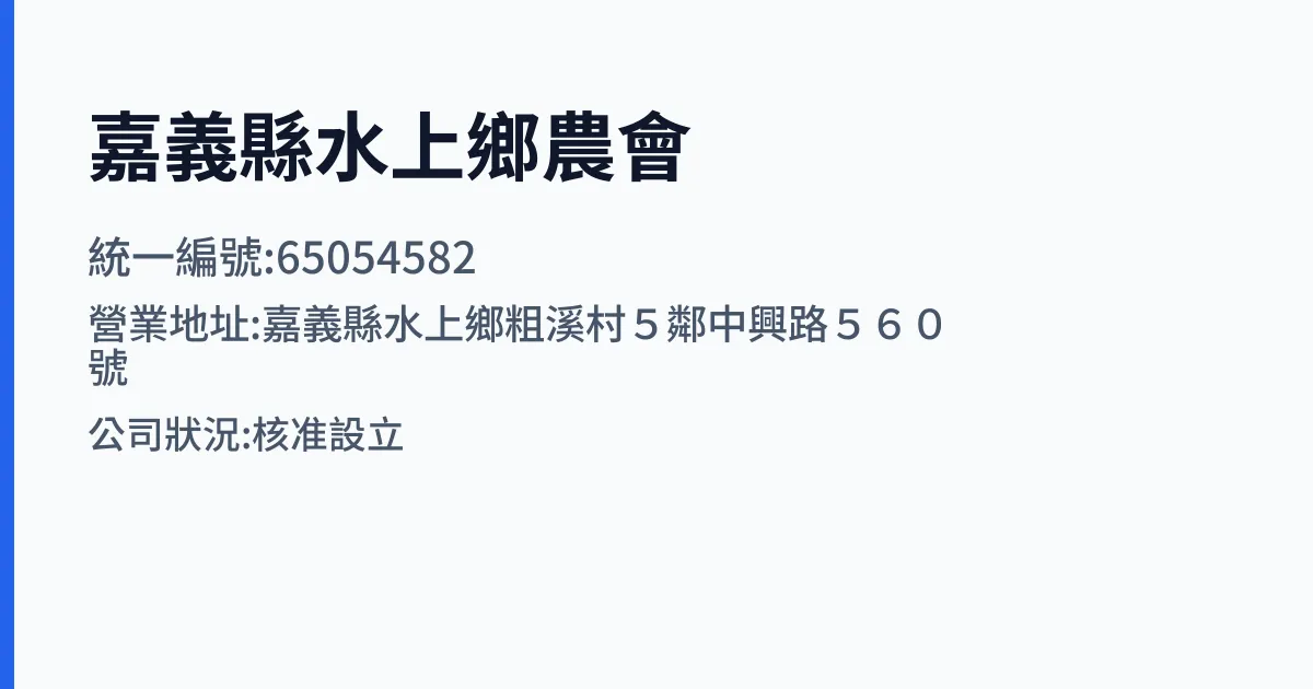 嘉義縣水上鄉農會 - 統編 65054582(嘉義縣) 公司登記資料與營業項目詳細圖表