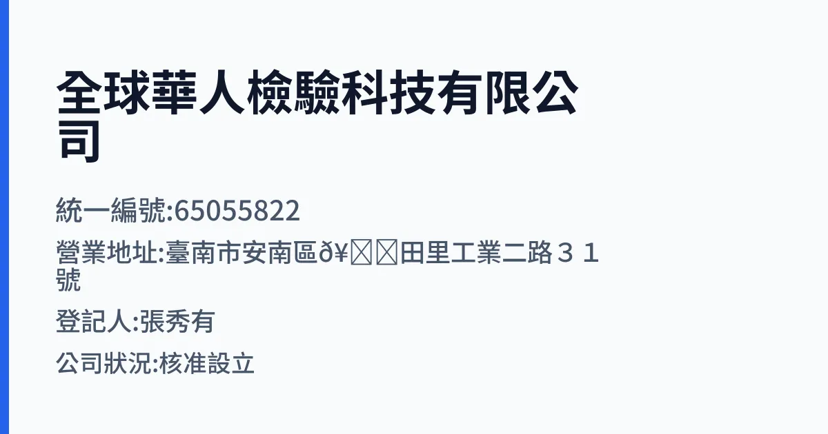 全球華人檢驗科技有限公司 - 統編 65055822 (臺南市) 公司登記資料與營業項目詳細圖表