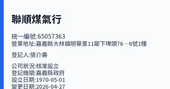 聯順煤氣行的照片-統編 65057363(嘉義縣) 公司登記資料與營業項目詳細圖表