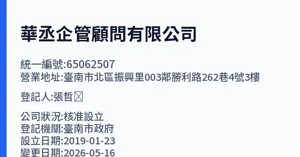 華丞企管顧問有限公司的照片-統編 65062507(臺南市) 公司登記資料與營業項目詳細圖表