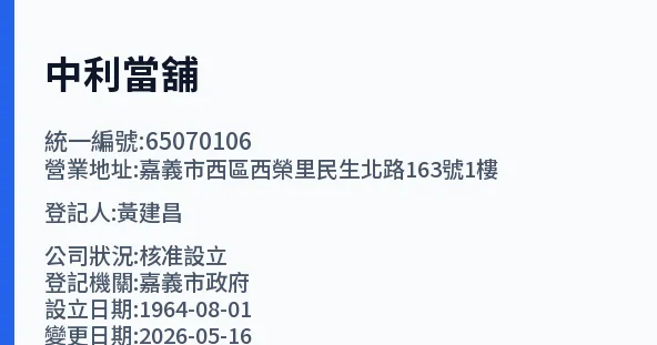 中利當舖的照片-統編 65070106(嘉義市) 公司登記資料與營業項目詳細圖表