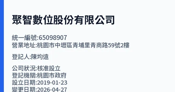 聚智數位股份有限公司的照片-統編 65098907(桃園市) 公司登記資料與營業項目詳細圖表