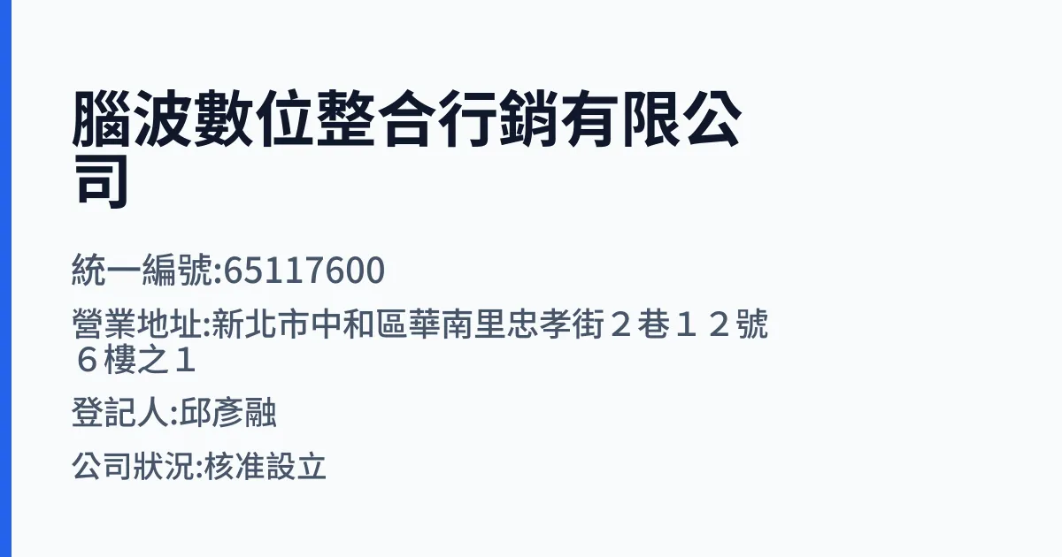 腦波數位整合行銷有限公司 - 統編 65117600(新北市) 公司登記資料與營業項目詳細圖表