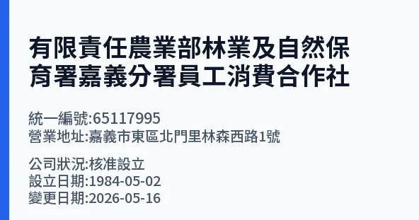 有限責任農業部林業及自然保育署嘉義分署員工消費合作社的照片-統編 65117995(嘉義市) 公司登記資料與營業項目詳細圖表