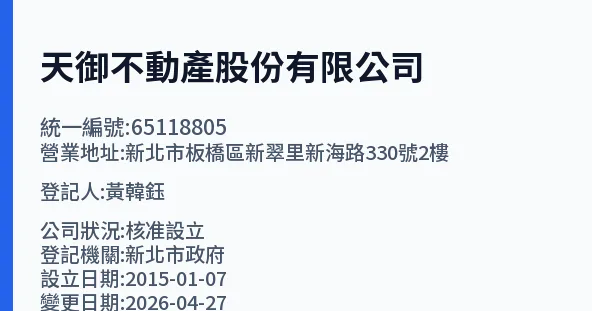 天御不動產股份有限公司的照片-統編 65118805(新北市) 公司登記資料與營業項目詳細圖表