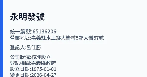 永明發號的照片-統編 65136206(嘉義縣) 公司登記資料與營業項目詳細圖表