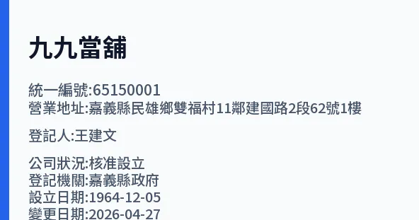 九九當舖的照片-統編 65150001(嘉義縣) 公司登記資料與營業項目詳細圖表