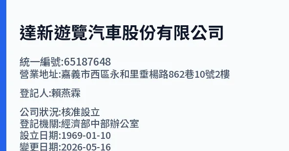 達新遊覽汽車股份有限公司的照片-統編 65187648(嘉義市) 公司登記資料與營業項目詳細圖表