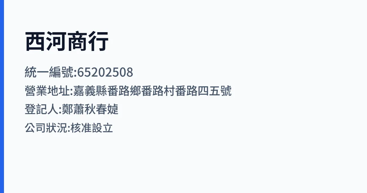 西河商行 - 統編 65202508(嘉義縣) 公司登記資料與營業項目詳細圖表