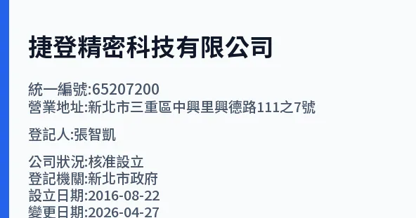 捷登精密科技有限公司的照片-統編 65207200(新北市) 公司登記資料與營業項目詳細圖表