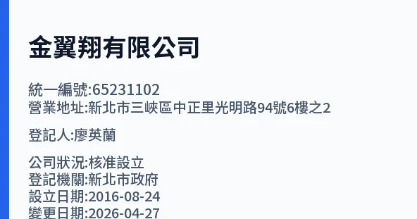 金翼翔有限公司的照片-統編 65231102(新北市) 公司登記資料與營業項目詳細圖表