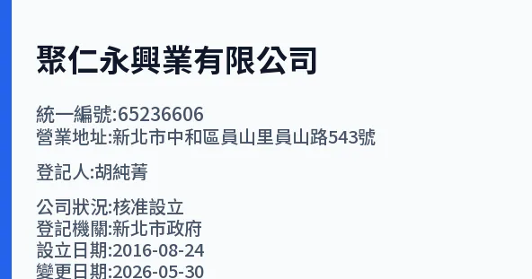 聚仁永興業有限公司的照片-統編 65236606(新北市) 公司登記資料與營業項目詳細圖表