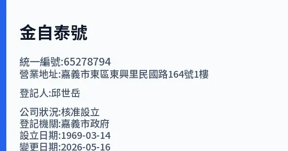 金自泰號的照片-統編 65278794(嘉義市) 公司登記資料與營業項目詳細圖表