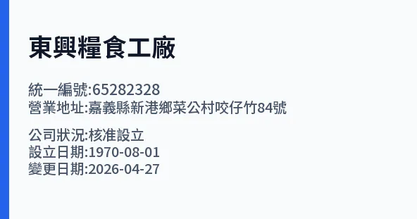 東興糧食工廠的照片-統編 65282328(嘉義縣) 公司登記資料與營業項目詳細圖表