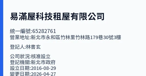 易滿屋科技租屋有限公司的照片-統編 65282761(新北市) 公司登記資料與營業項目詳細圖表