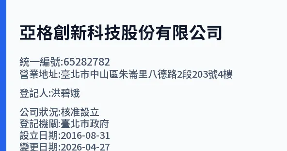 亞格創新科技股份有限公司的照片-統編 65282782(臺北市) 公司登記資料與營業項目詳細圖表
