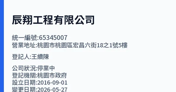 辰翔工程有限公司的照片-統編 65345007(桃園市) 公司登記資料與營業項目詳細圖表