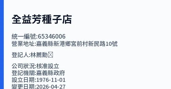 全益芳種子店的照片-統編 65346006(嘉義縣) 公司登記資料與營業項目詳細圖表