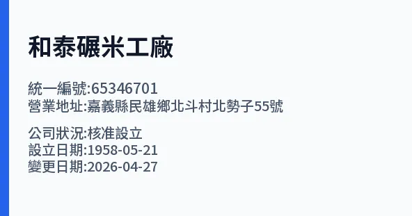 和泰碾米工廠的照片-統編 65346701(嘉義縣) 公司登記資料與營業項目詳細圖表