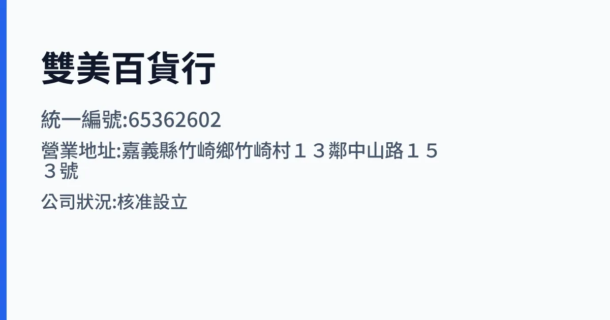 雙美百貨行 - 統編 65362602(嘉義縣) 公司登記資料與營業項目詳細圖表