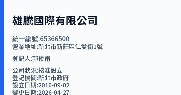 雄騰國際有限公司的照片-統編 65366500(新北市) 公司登記資料與營業項目詳細圖表