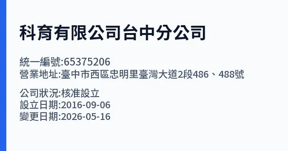 科育有限公司台中分公司的照片-統編 65375206(臺中市) 公司登記資料與營業項目詳細圖表