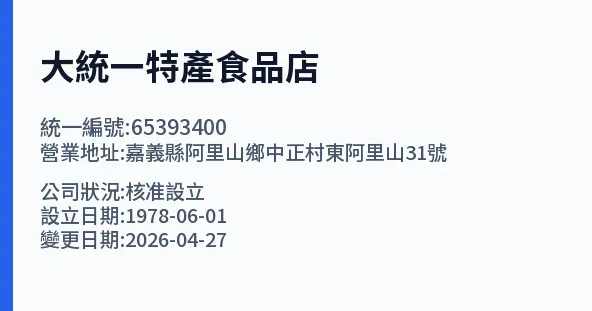 大統一特產食品店的照片-統編 65393400(嘉義縣) 公司登記資料與營業項目詳細圖表
