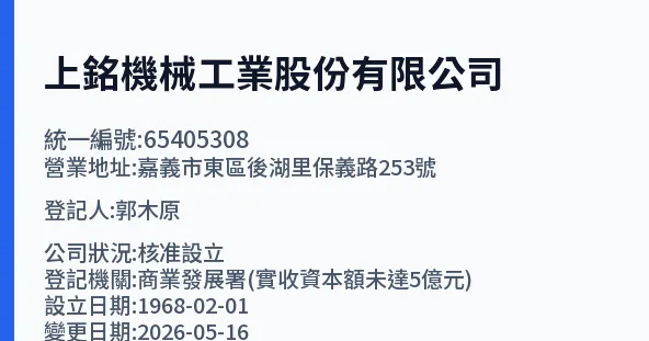 上銘機械工業股份有限公司的照片-統編 65405308(嘉義市) 公司登記資料與營業項目詳細圖表
