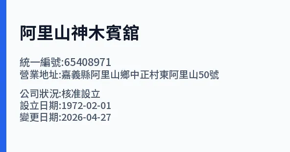 阿里山神木賓舘的照片-統編 65408971(嘉義縣) 公司登記資料與營業項目詳細圖表