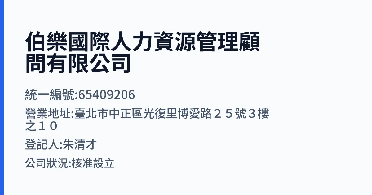 伯樂國際人力資源管理顧問有限公司 - 統編 65409206(新北市) 公司登記資料與營業項目詳細圖表