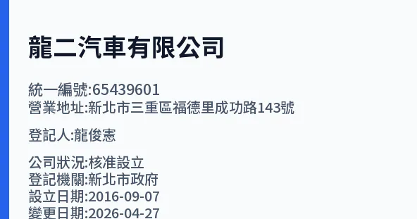 龍二汽車有限公司的照片-統編 65439601(新北市) 公司登記資料與營業項目詳細圖表