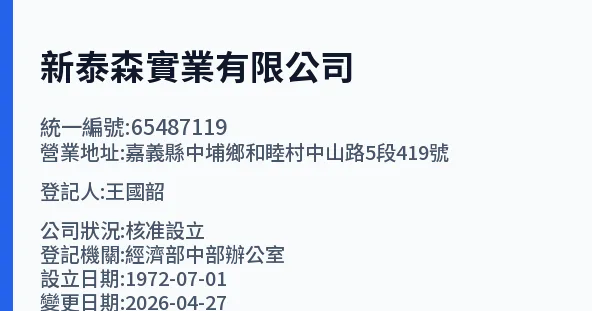 新泰森實業有限公司的照片-統編 65487119(嘉義縣) 公司登記資料與營業項目詳細圖表
