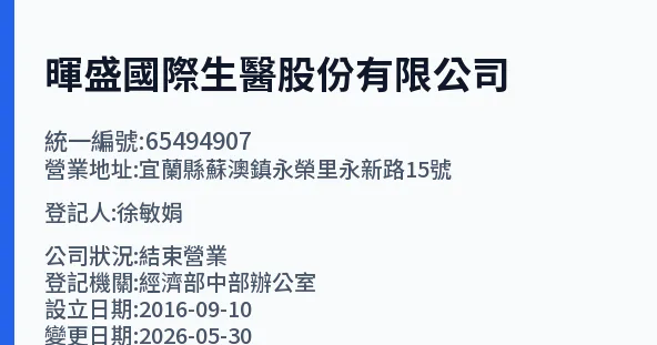 暉盛國際生醫股份有限公司的照片-統編 65494907(宜蘭縣) 公司登記資料與營業項目詳細圖表