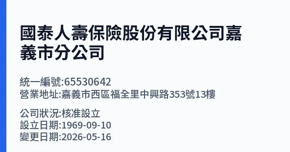 國泰人壽保險股份有限公司嘉義市分公司的照片-統編 65530642(嘉義市) 公司登記資料與營業項目詳細圖表