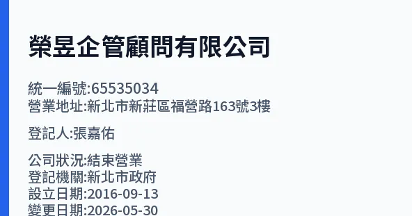 榮昱企管顧問有限公司的照片-統編 65535034(新北市) 公司登記資料與營業項目詳細圖表